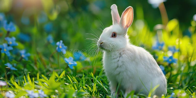 A White Rabbit Sits in a Field of Green Grass and Blue Flowers Stock ...