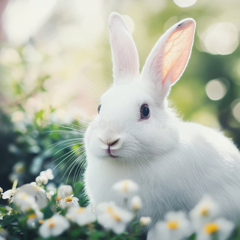 A White Rabbit Sits Peacefully among Colorful Flowers in a Vibrant ...