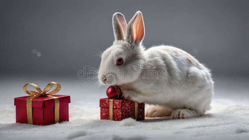 A White Rabbit Sits beside Small Festive Gift Boxes, Creating a ...