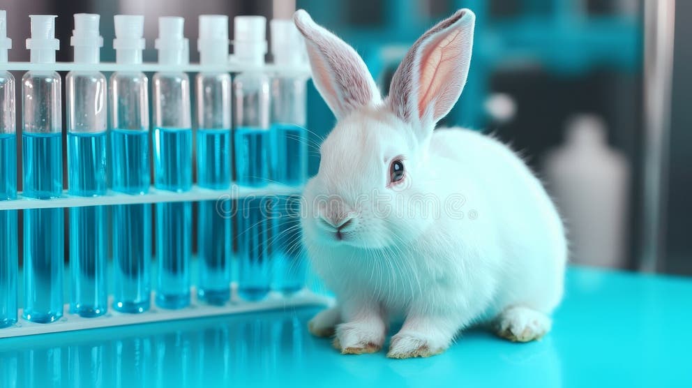 The White Rabbit Sits on the Table in the Laboratory with the Beakers ...