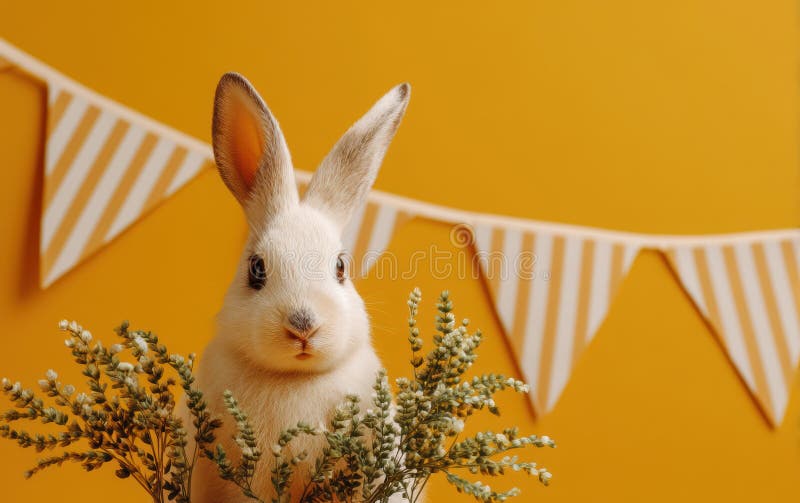 A White Rabbit Sits in a Vase Surrounded by Green Plants, Evoking a ...