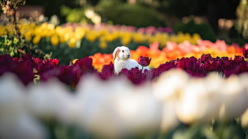 White Rabbit Sits in Vibrant Tulip Garden at Sunset Stock Image - Image ...