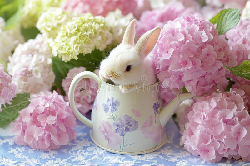 A White Rabbit Sits in a Watering Cup, Surrounded by Colorful Flowers ...