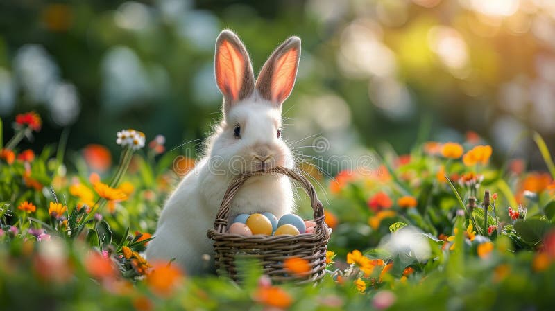 White Rabbit Sitting in Basket with Eggs Stock Photo - Image of easter ...