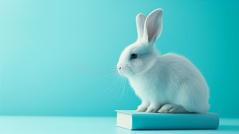 White Rabbit Sitting on the Book in the Light Blue Backround. Banner ...