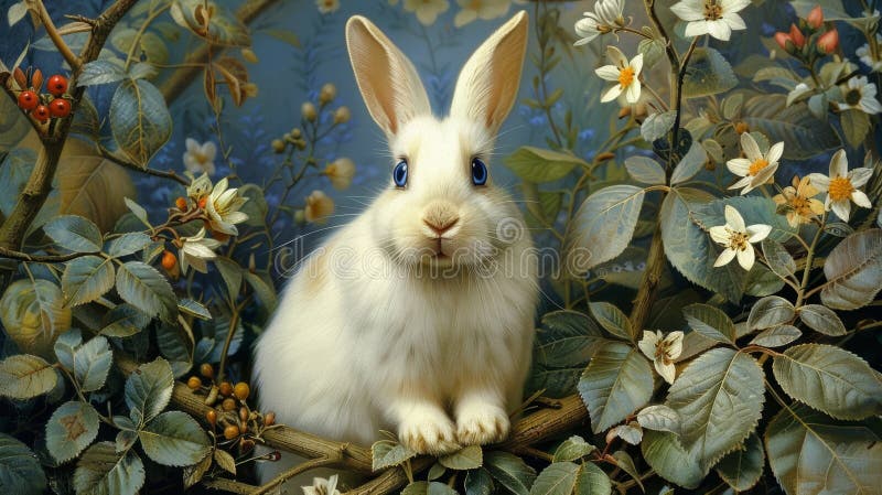A White Rabbit Sitting on a Branch with Flowers and Leaves, AI Stock ...