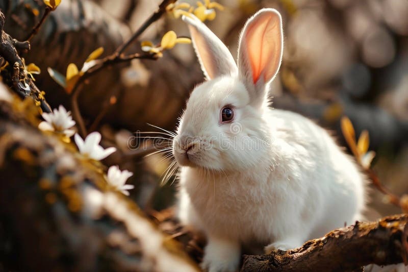White Rabbit Sitting on a Branch in the Garden. Stock Illustration ...
