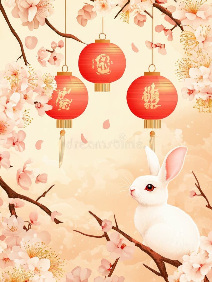 A White Rabbit is Sitting on a Branch Next To a Tree with Red Lanterns ...