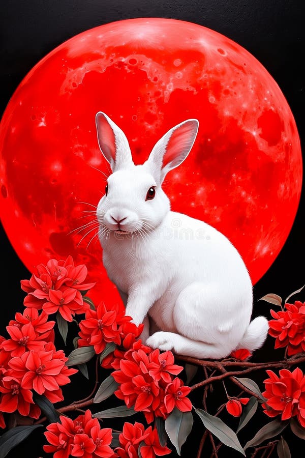 A White Rabbit Sitting on a Branch with Red Flowers in Front of a Full ...