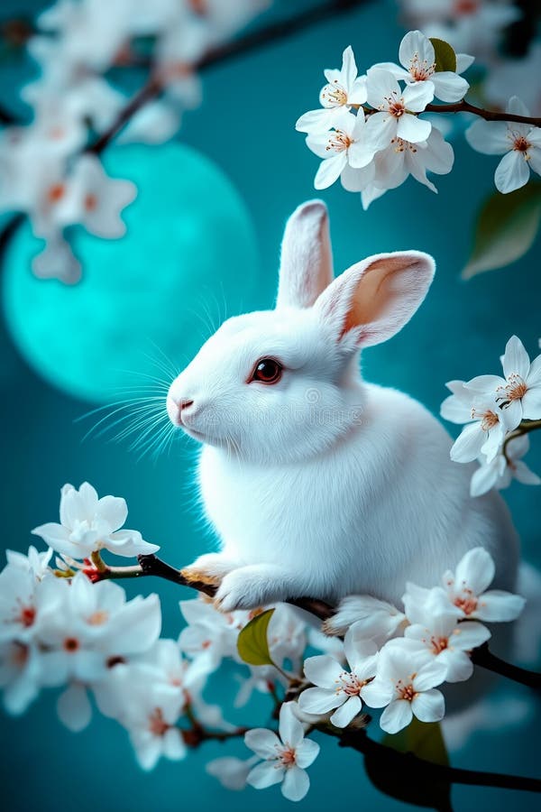 A White Rabbit Sitting on a Branch of a Tree with White Flowers Stock ...