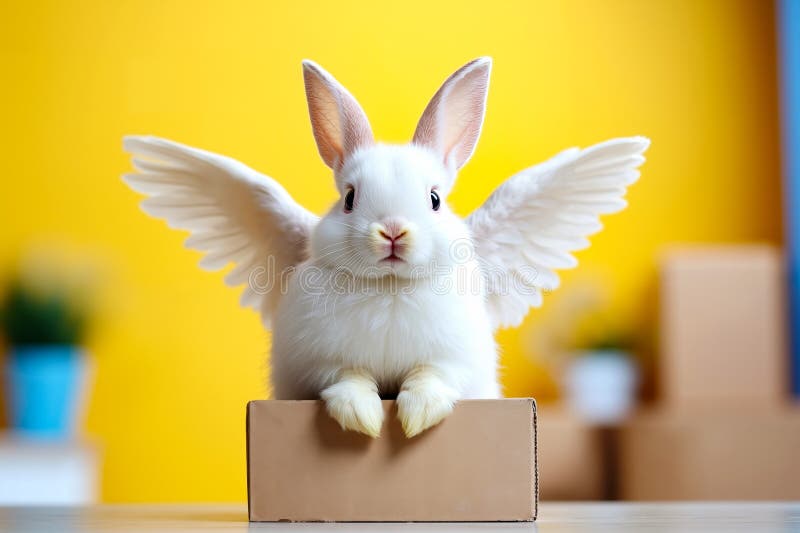 A White Rabbit Sitting in a Cardboard Box with Its Wings Spread Out ...