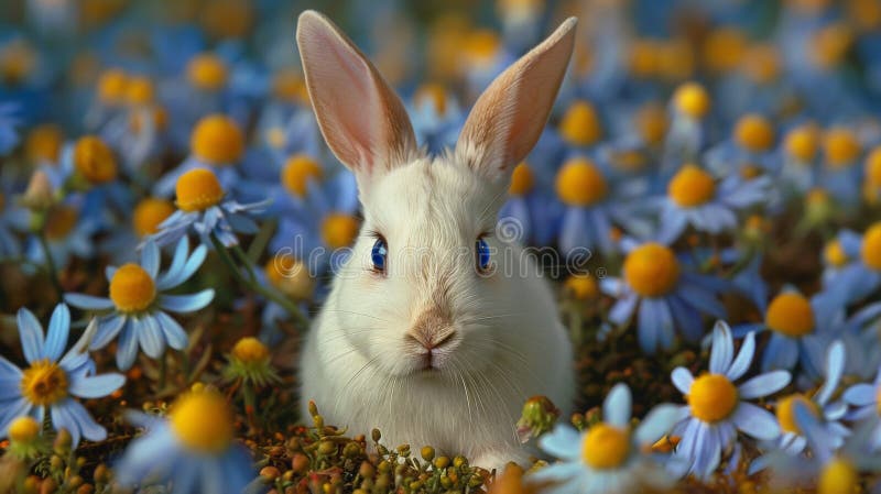 White Rabbit Sitting Field Flowers Blue Eyes Ai Stock Photos - Free ...