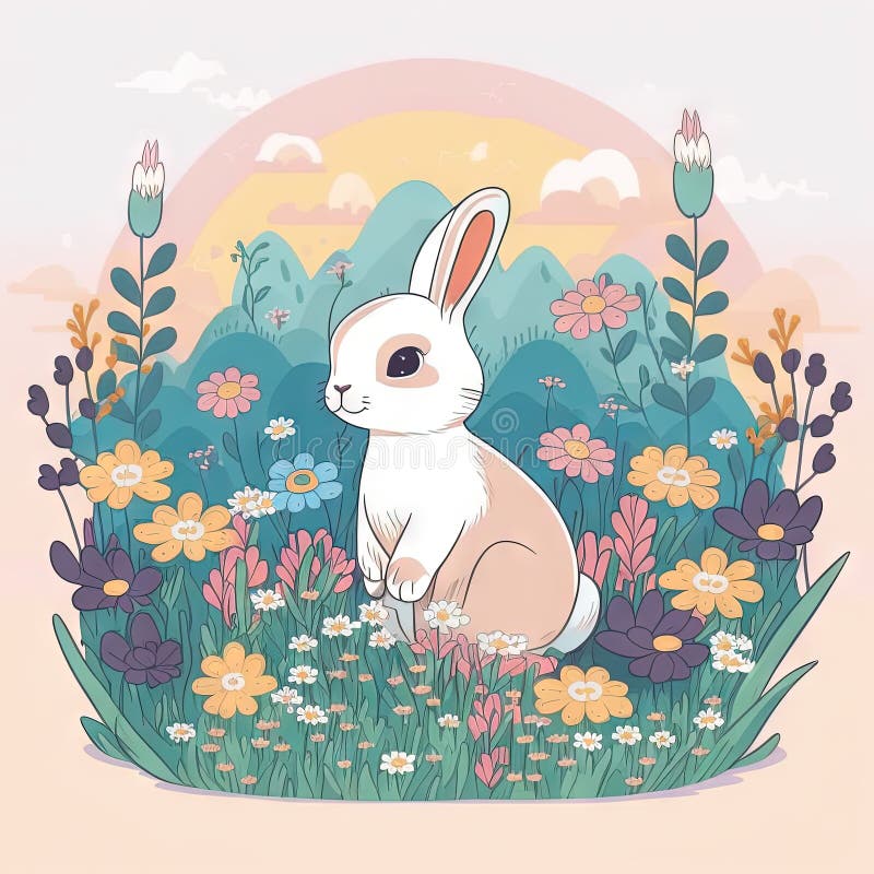 A White Rabbit Sitting in a Field of Flowers and Grass Stock ...