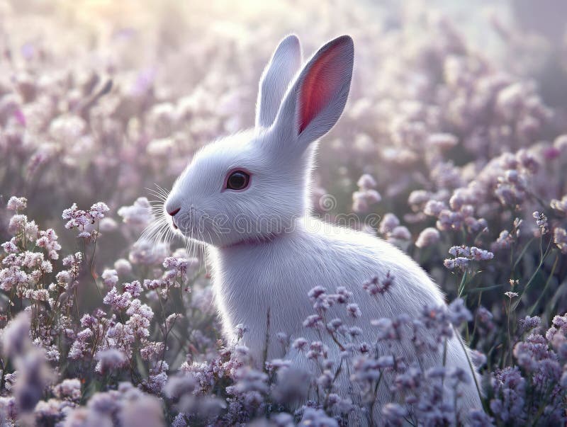 A White Rabbit Sitting in a Field of Purple Flowers Stock Photo - Image ...