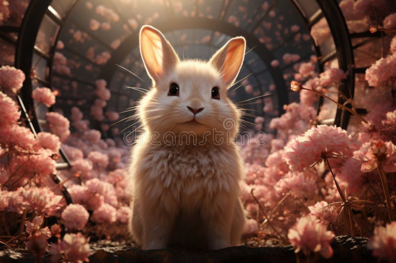 A White Rabbit Sitting in a Flower Filled Tunnel, AI Stock Photo ...