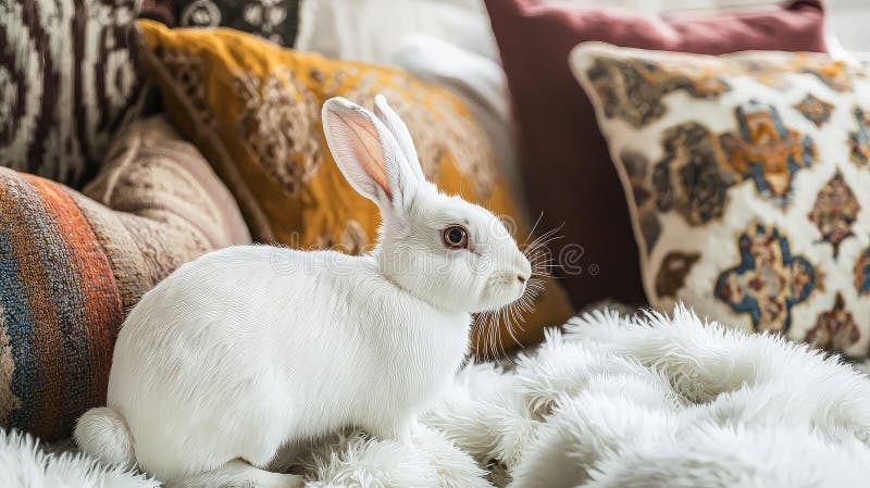 White Rabbit Sitting on a Fluffy Blanket among Decorative Pillows Stock ...