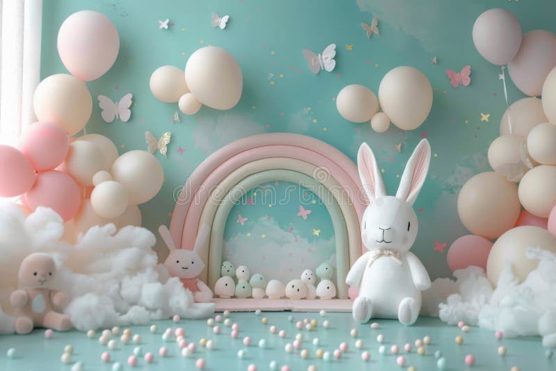 A White Rabbit is Sitting on a Fluffy Rug in Front of a Rainbow Stock ...