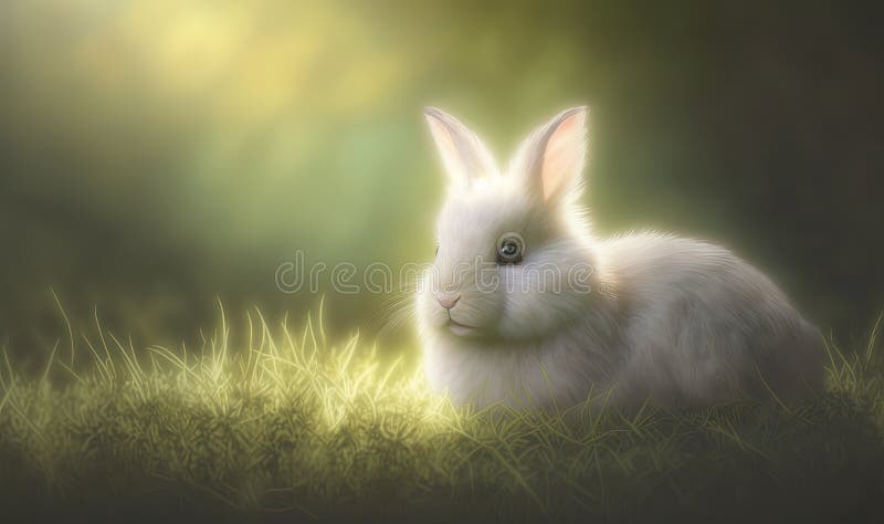 A White Rabbit Sitting in the Grass Looking at the Camera with a Blurry ...