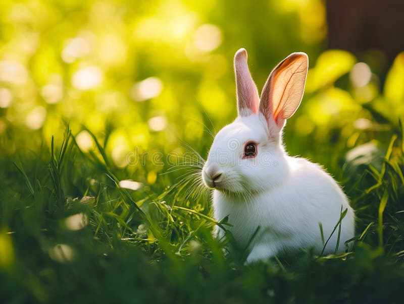 A White Rabbit Sitting in the Grass in the Sunlight Stock Photo - Image ...