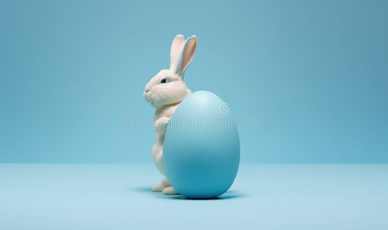 A White Rabbit Sitting Inside of an Egg on a Blue Background with a ...