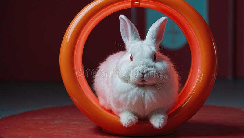 White Rabbit Sitting Inside Orange Circular Ring Indoors Stock ...