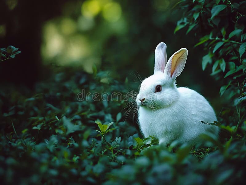 A White Rabbit Sitting in the Middle of a Lush Green Forest Stock Image ...