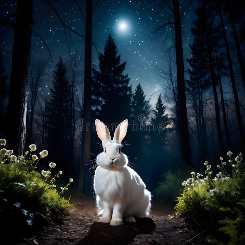 White Rabbit Sitting in the Mystical Night Forest, Fantasy Style ...
