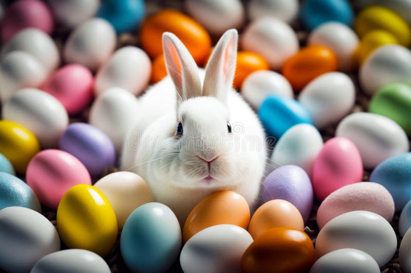 White Rabbit Sitting in Pile of Colored Eggs and Eggs on the Ground ...