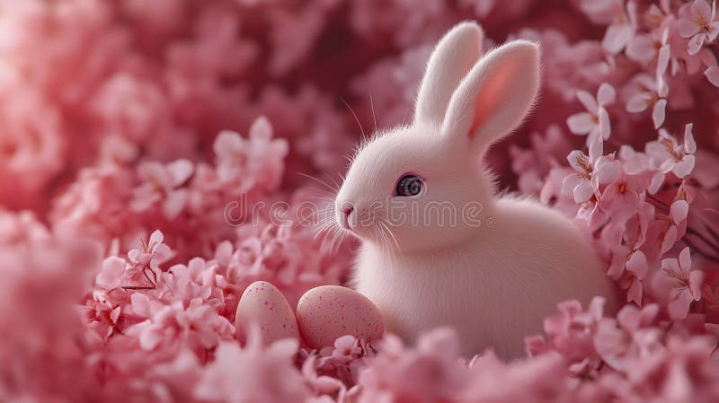 A White Rabbit Sitting among Pink Cherry Blossoms. Stock Illustration ...