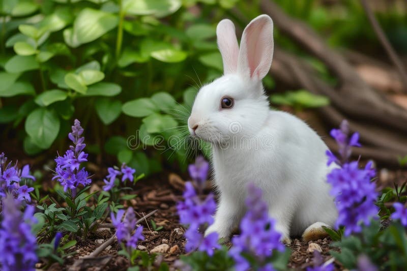 White Rabbit Sitting among Purple Flowers in a Garden Stock ...