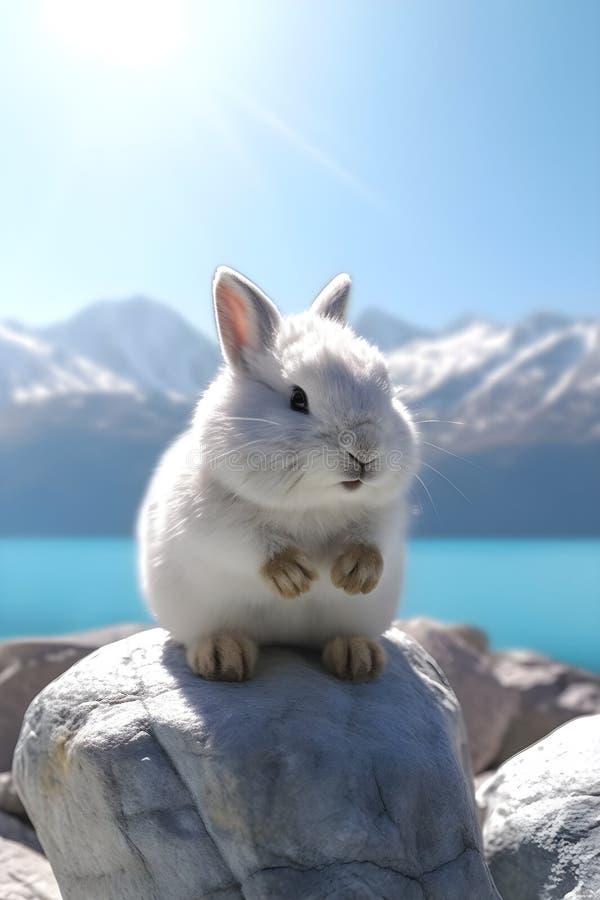 White Rabbit Sitting on a Rock in Front of the Lake and Mountains. AI ...