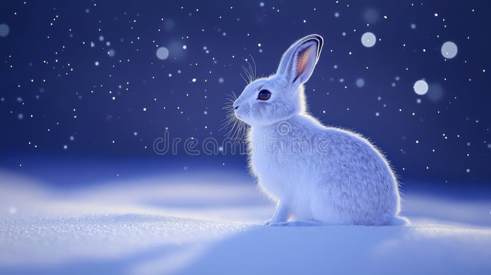 A White Rabbit Sitting in the Snow with a Blue Sky and Falling Snow ...