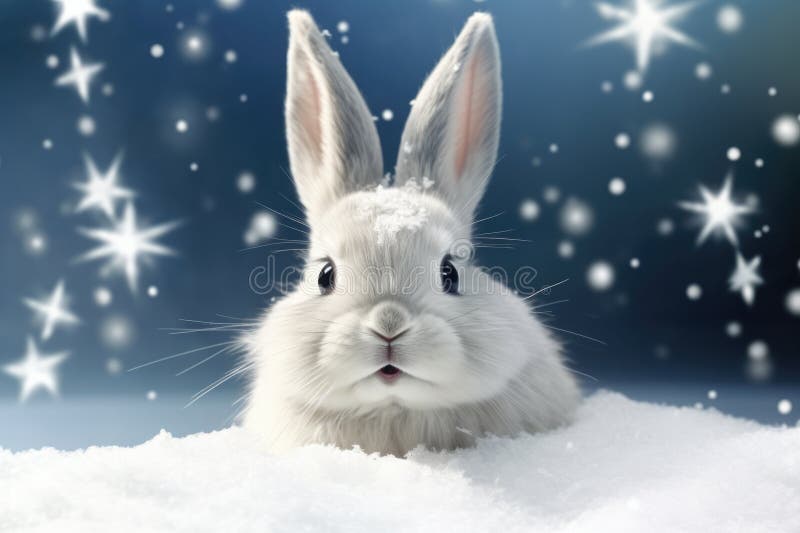 A White Rabbit is Sitting in the Snow. Christmas Bunny. Stock ...