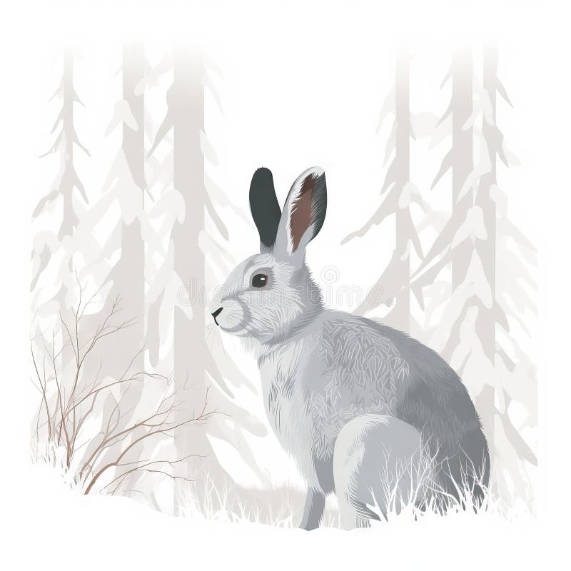 A White Rabbit Sitting in the Snow in Front of a Forest with Tall Grass ...