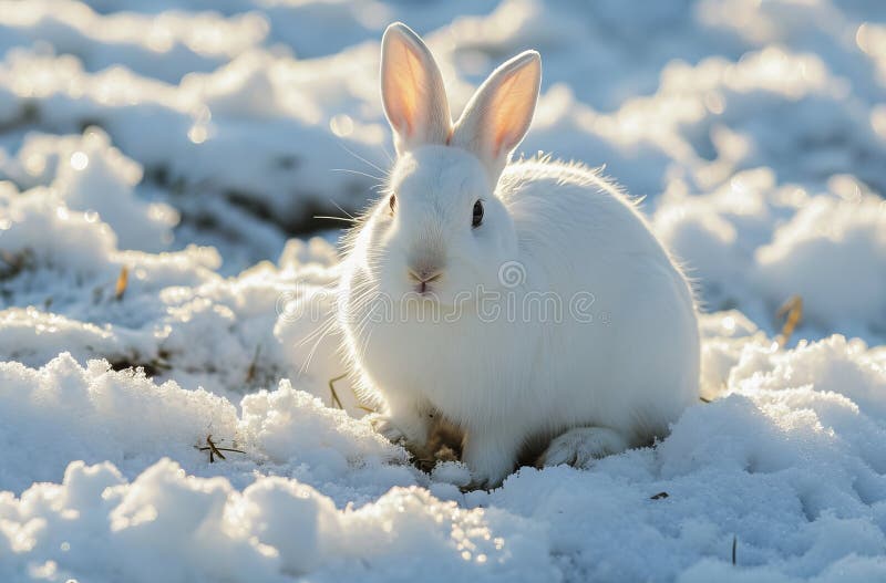 White Rabbit Sitting in the Snow during Golden Hour Stock Illustration ...