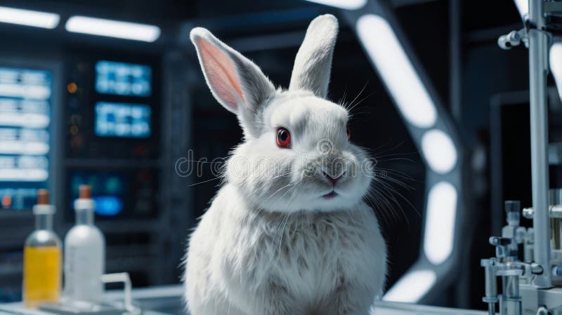 White Rabbit Sitting on Table in Futuristic Laboratory Being Used for ...