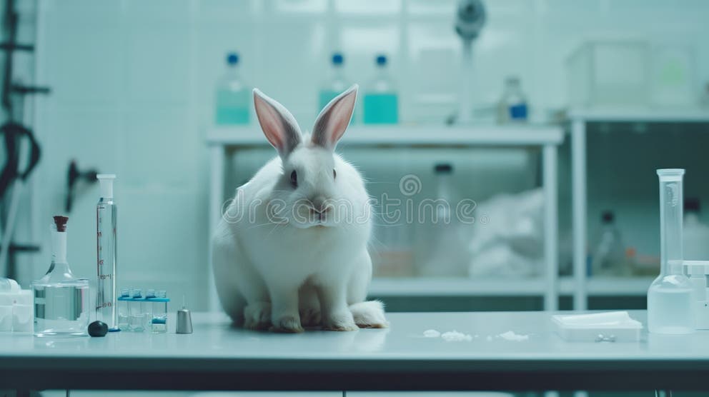 A White Rabbit is Sitting on a Table in a Science Lab. the Rabbit is ...
