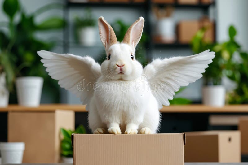 A White Rabbit Sitting on Top of a Cardboard Box with Its Wings Spread ...