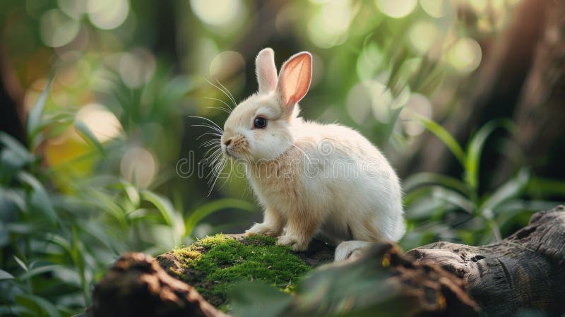 White Rabbit Sitting on Top of a Moss Covered Log. Suitable for Nature ...