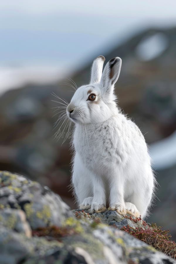 A White Rabbit Sitting on Top of a Rock. Suitable for Nature or Animal ...