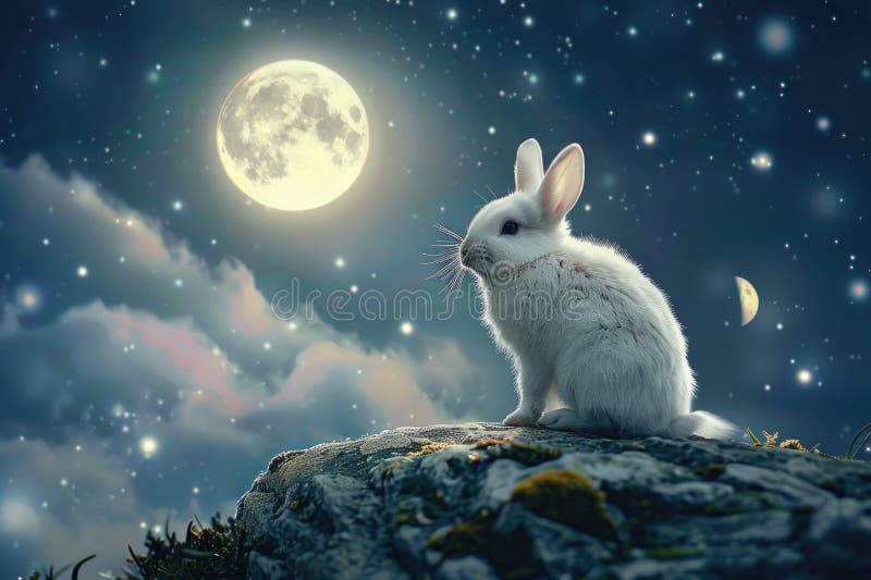 A White Rabbit Sitting on Top of a Rock Under a Full Moon Stock Image ...