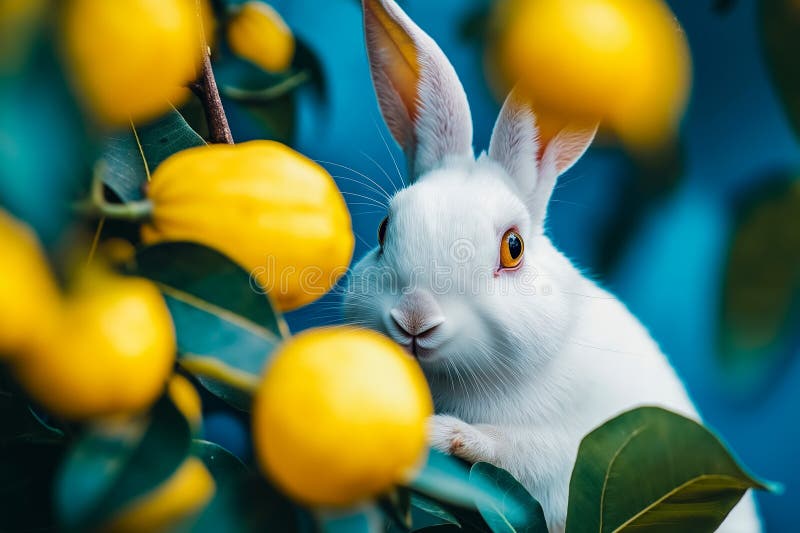 A White Rabbit Sitting on Top of a Tree with Lemons Stock Photo - Image ...