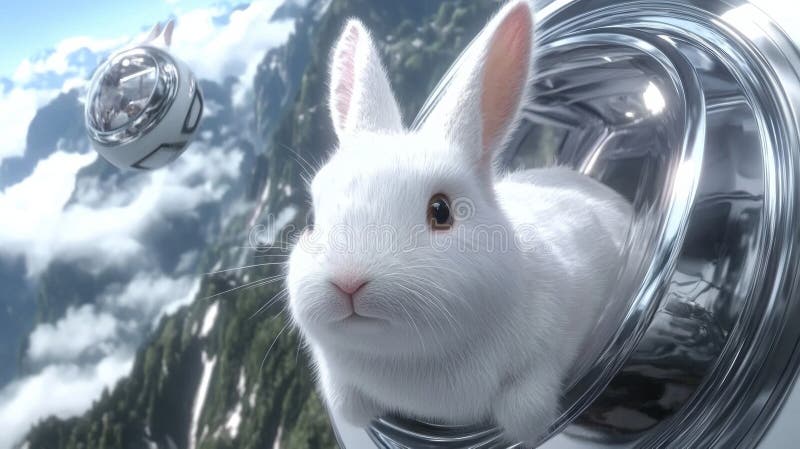 A White Rabbit is Sitting in a Washing Machine with Mountains Behind it ...