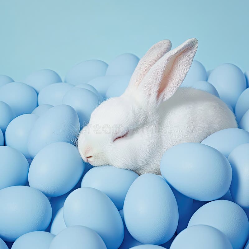 White Rabbit Sleeping in Blue Easter Eggs Stock Photo - Image of cute ...