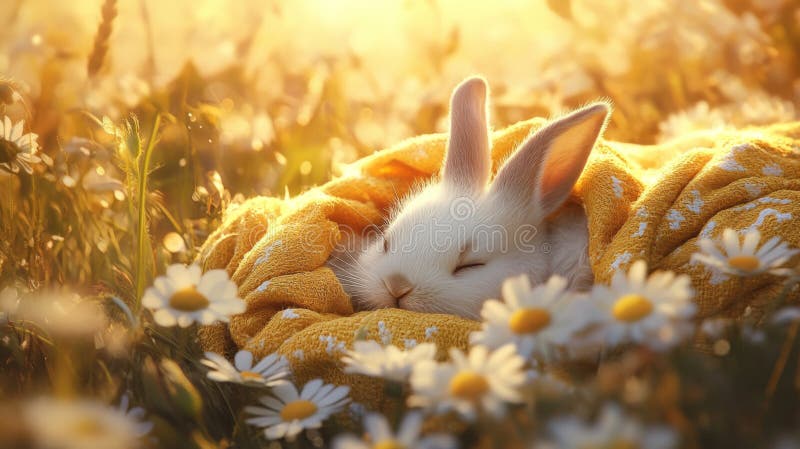 White Rabbit Sleeping in Daisy Field at Golden Hour Stock Illustration ...