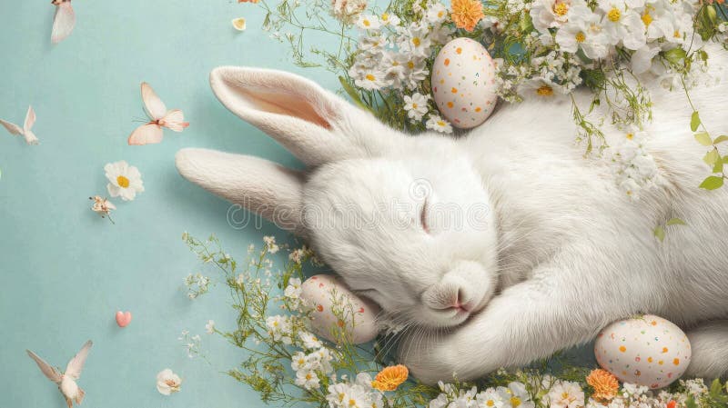 White Rabbit Sleeping among Flowers and Easter Eggs Stock Photo - Image ...