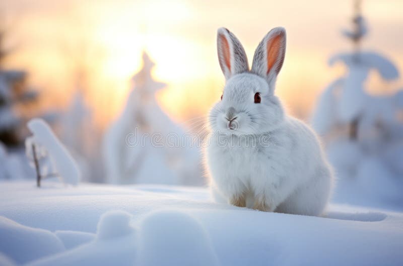 A white rabbit in the snow stock illustration. Illustration of hares ...