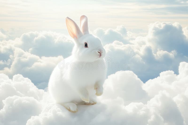 White Rabbit Standing on Clouds in a Blue Sky Stock Photo - Image of ...