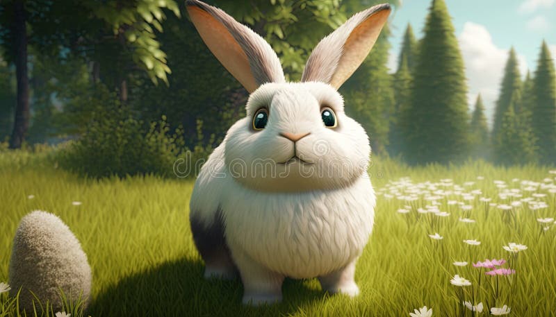 A White Rabbit is Standing in a Field of Grass and Flowers. Generative ...