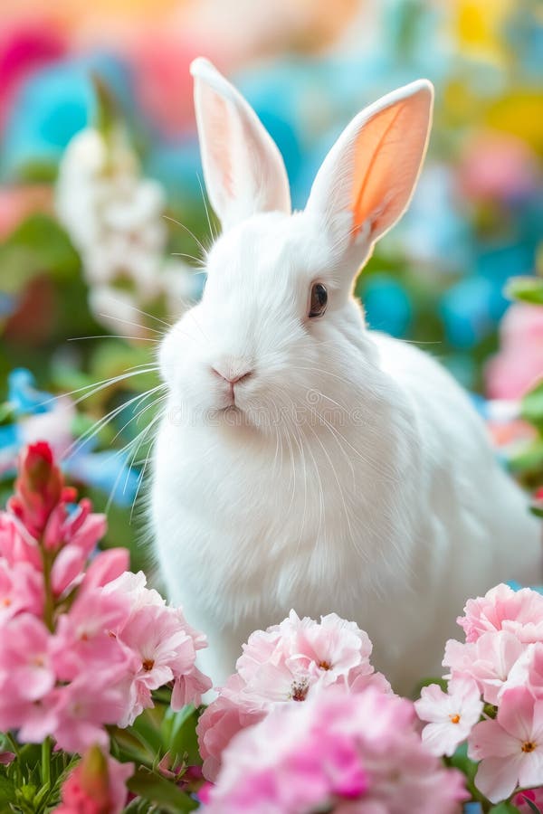 A White Rabbit is Standing in a Field of Pink Flowers. Generative AI ...